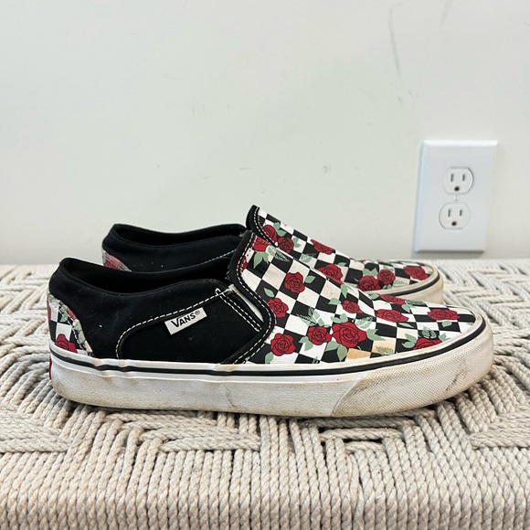 Vans | Shoes | Vans Womans Checkered Rose Slipon Sneakers Black And Red ...